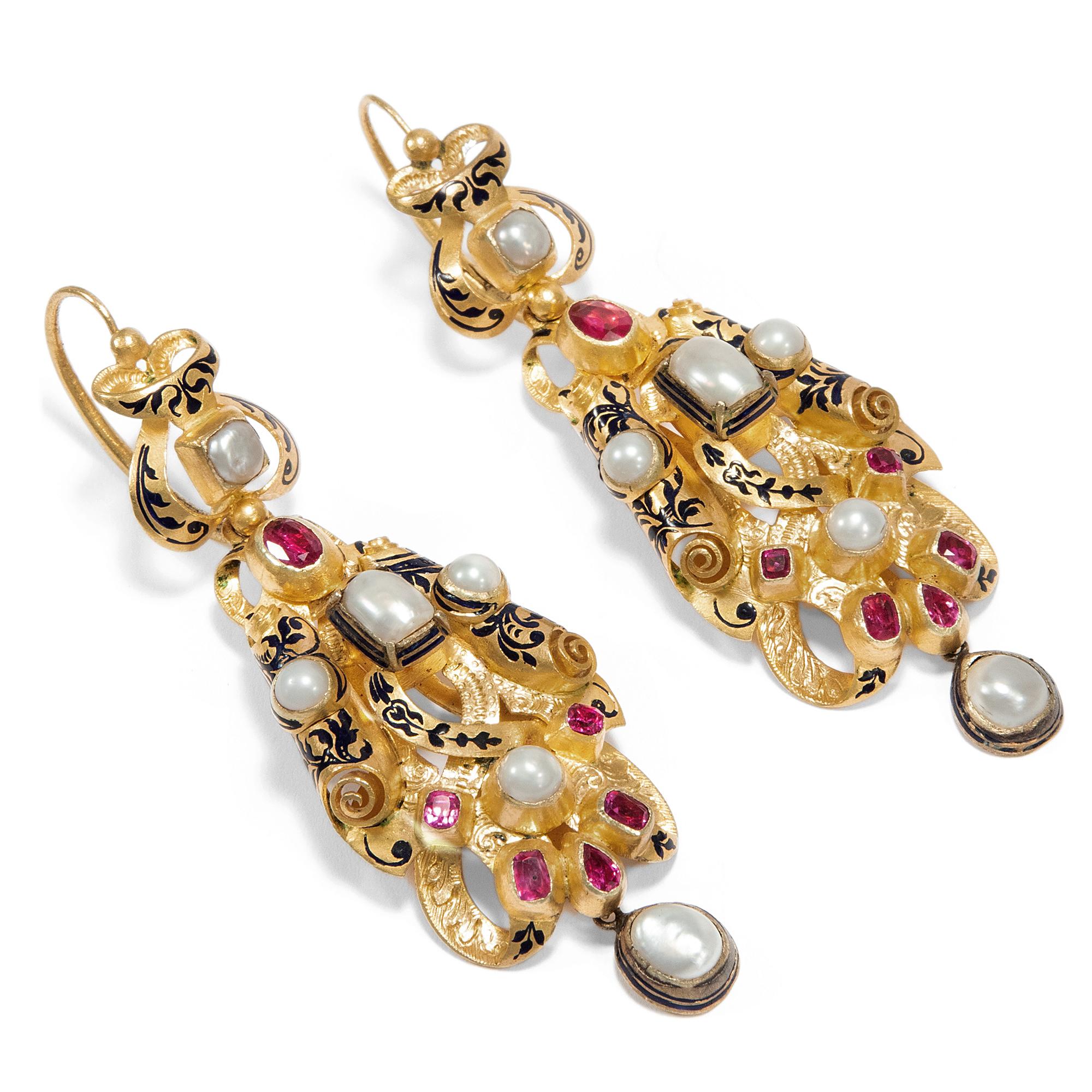 Victorian circa 1845, Parure Set of Ruby Pearl Gold Earrings Necklace ...