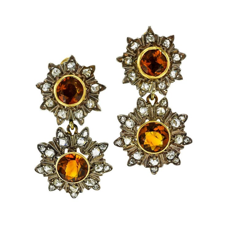 Victorian Citrine Rose Cut Diamond Earring Necklace Set For Sale at 1stDibs