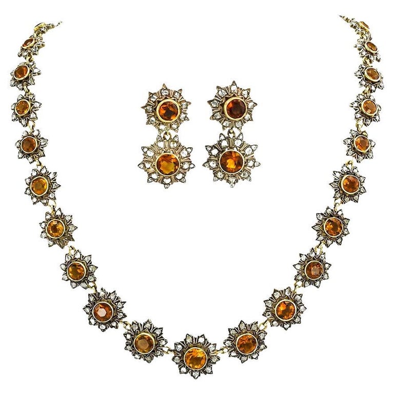 Victorian Citrine Rose Cut Diamond Earring Necklace Set For Sale at 1stDibs