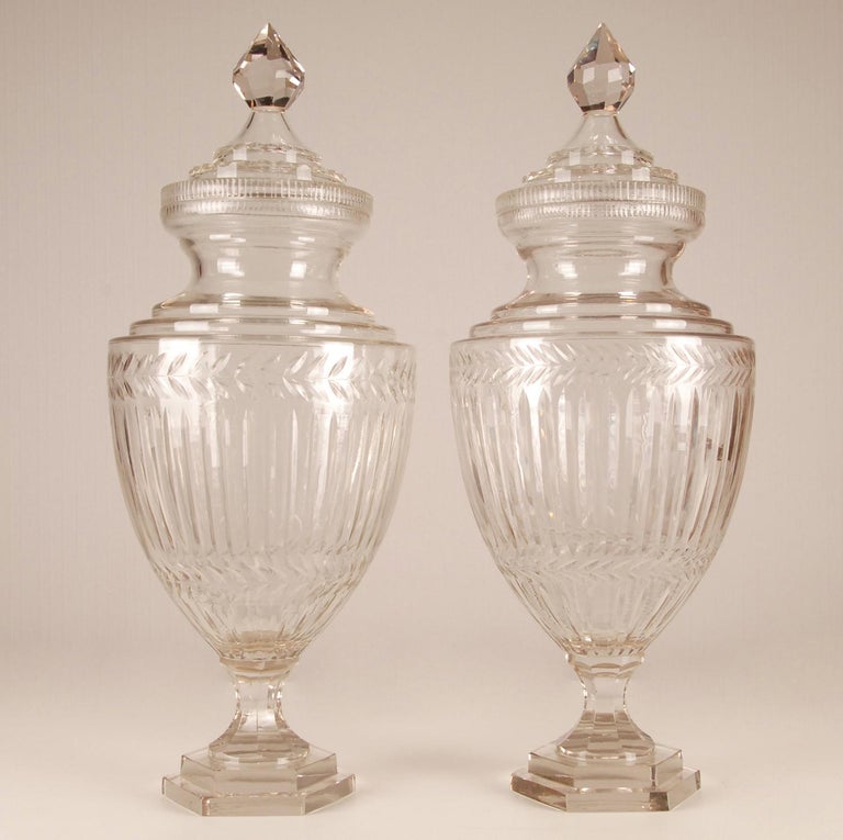 Victorian Tall Clear Glass Covered Urns Cut Crystal Neoclassical Vases ...