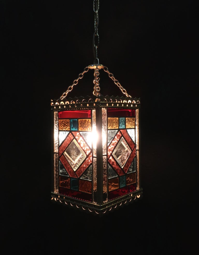 Victorian Colored Glass and Brass Hall Lantern at 1stDibs