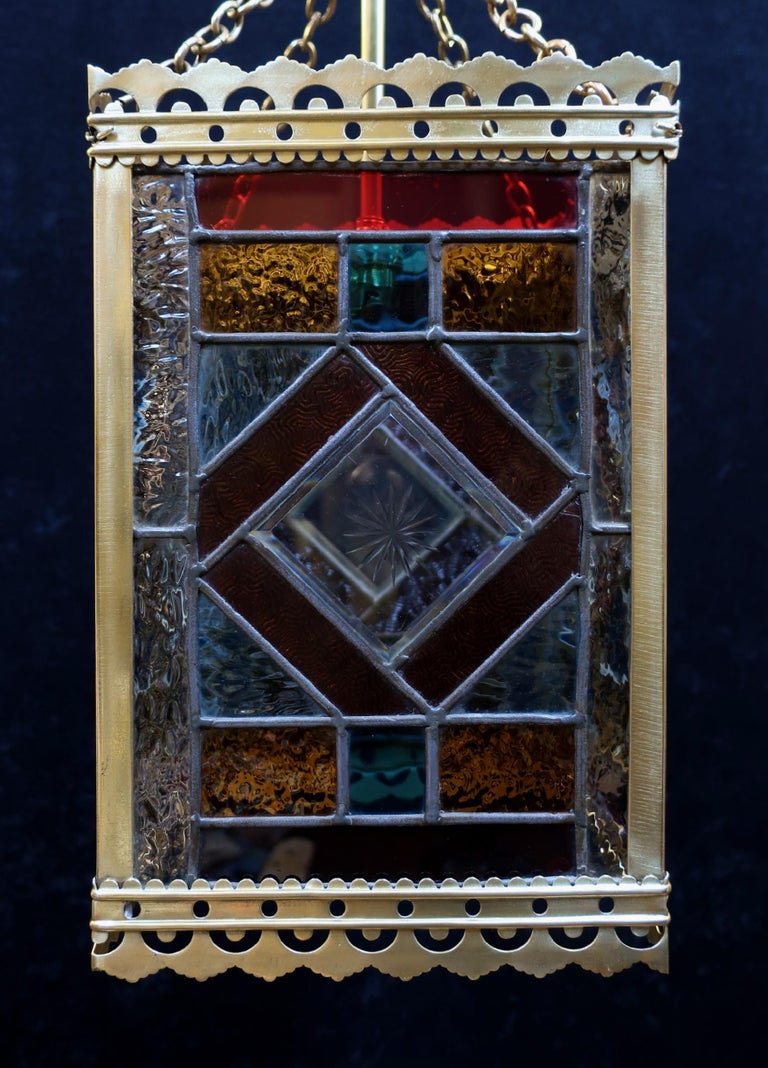Victorian Colored Glass and Brass Hall Lantern at 1stDibs