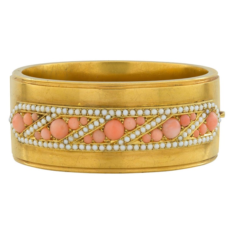 Victorian Coral and Pearl Gold Bangle For Sale at 1stDibs