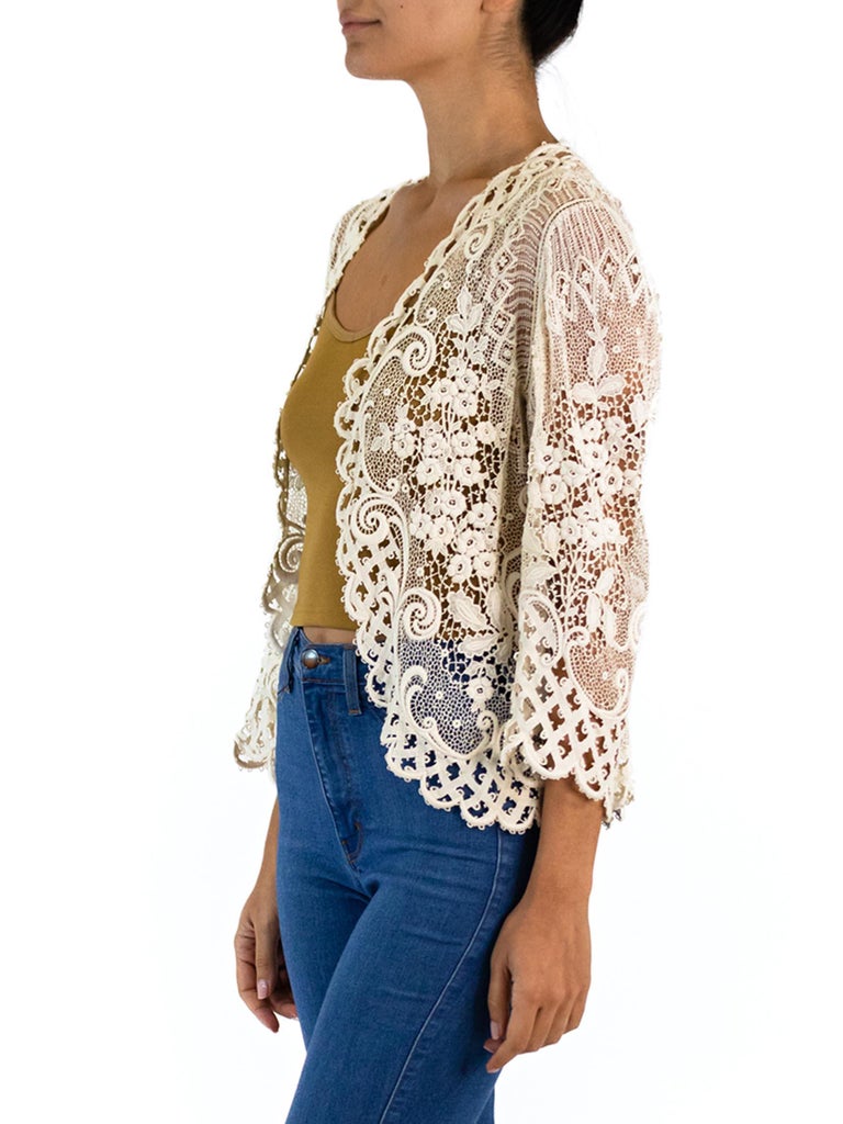 Victorian Cream Cotton Antique Lace Scrollwork Cardigan For Sale at 1stDibs
