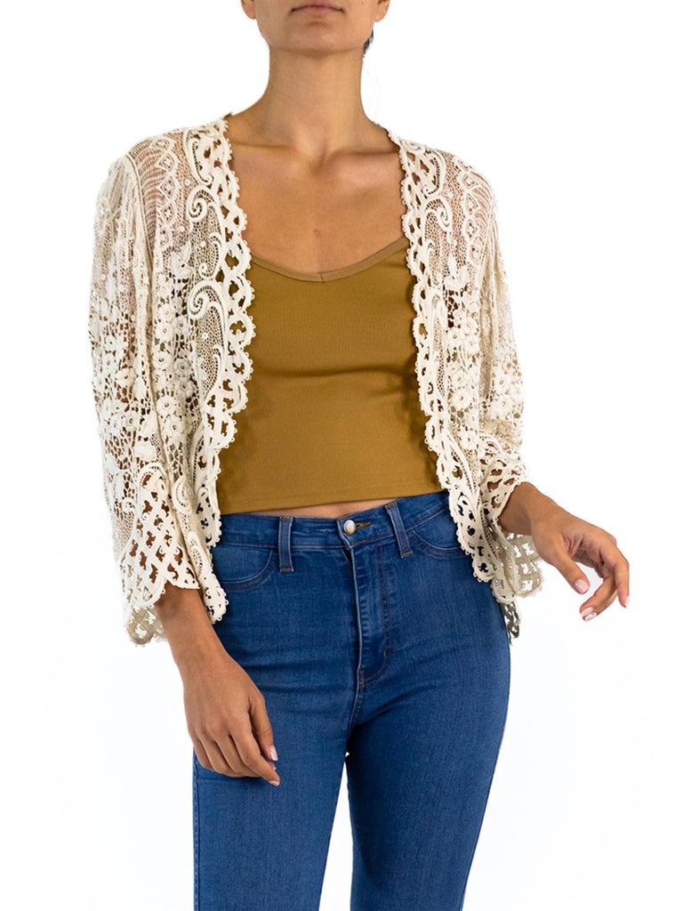 Victorian Cream Cotton Antique Lace Scrollwork Cardigan For Sale at 1stDibs