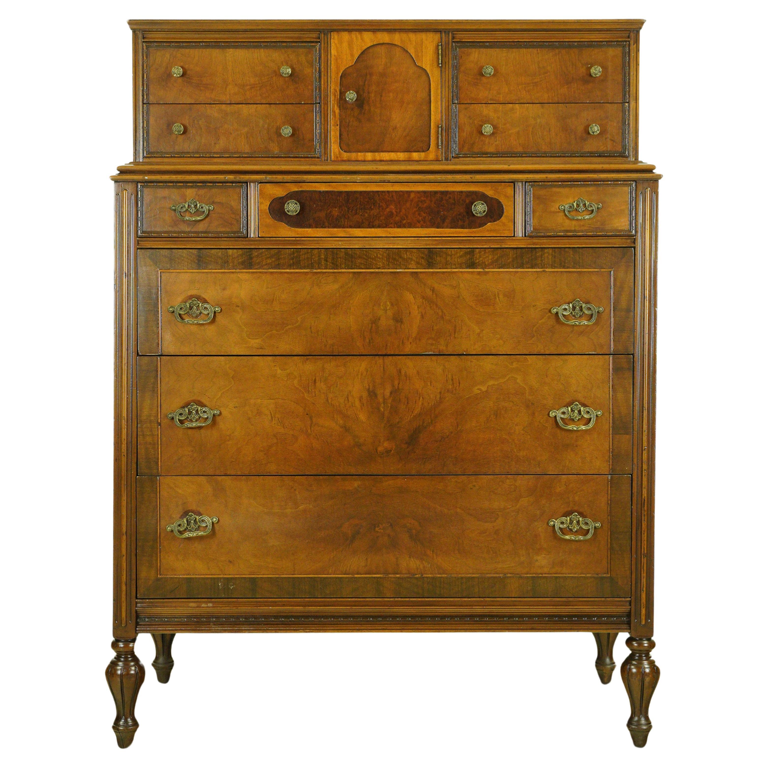 Victorian Dark Wood Tone Oak and Pine Highboy Dresser For Sale at 1stDibs