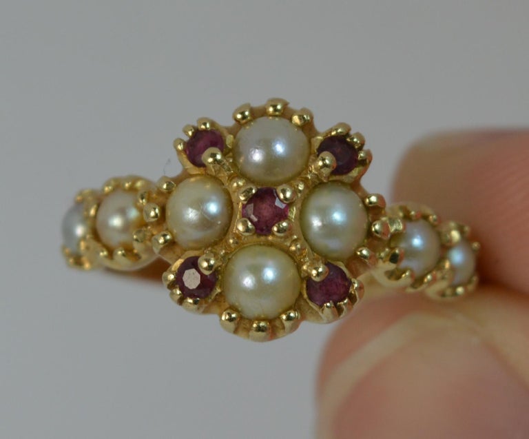 Victorian Design 14 Carat Gold Pearl and Ruby Cluster Ring at 1stDibs