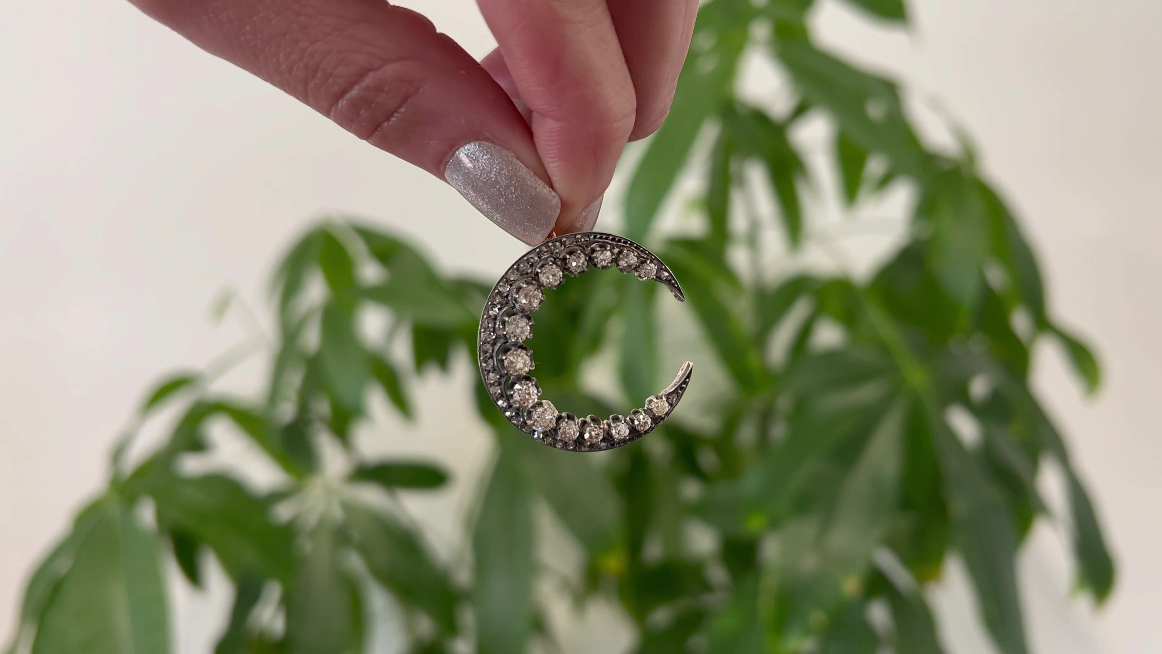 Victorian Diamond 18k Rose Gold Silver Crescent Moon Pendant at 1stDibs