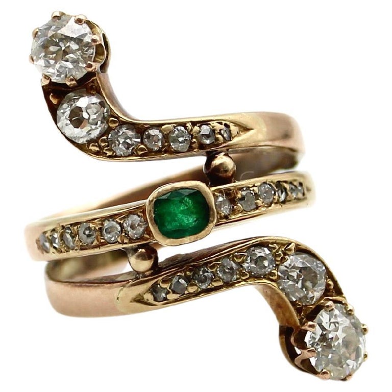 Victorian Diamond and Emerald 14K Gold Snake Ring at 1stDibs
