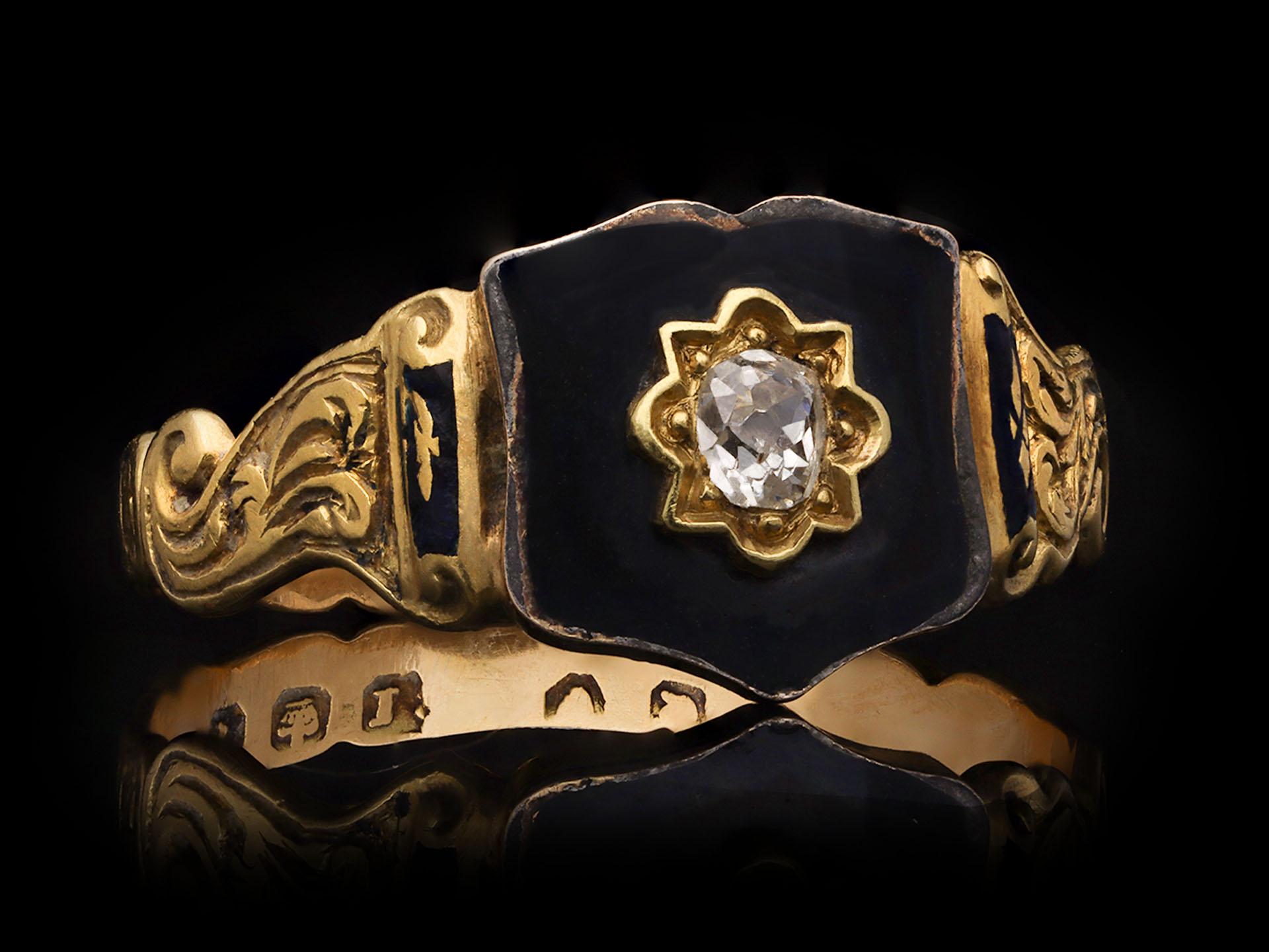 Victorian diamond and enamel memorial ring, English, circa 1862. For ...