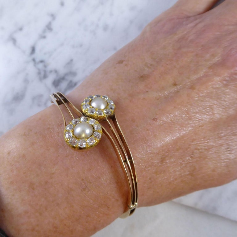 Victorian Diamond and Pearl Double Cluster Bangle For Sale at 1stDibs