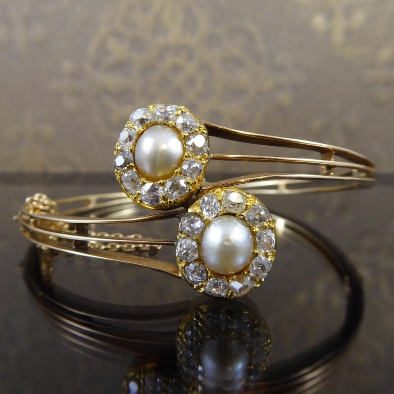 Victorian Diamond and Pearl Double Cluster Bangle For Sale at 1stDibs