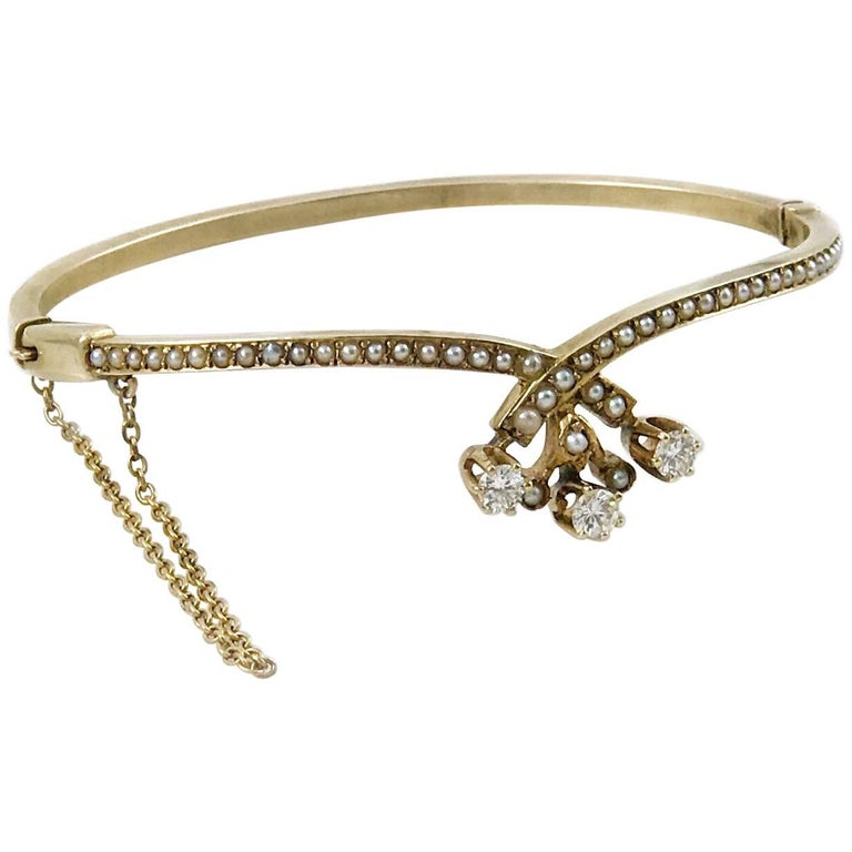 Victorian Diamond Seed Pearl Bangle Bracelet, 0.51 Carat For Sale at ...