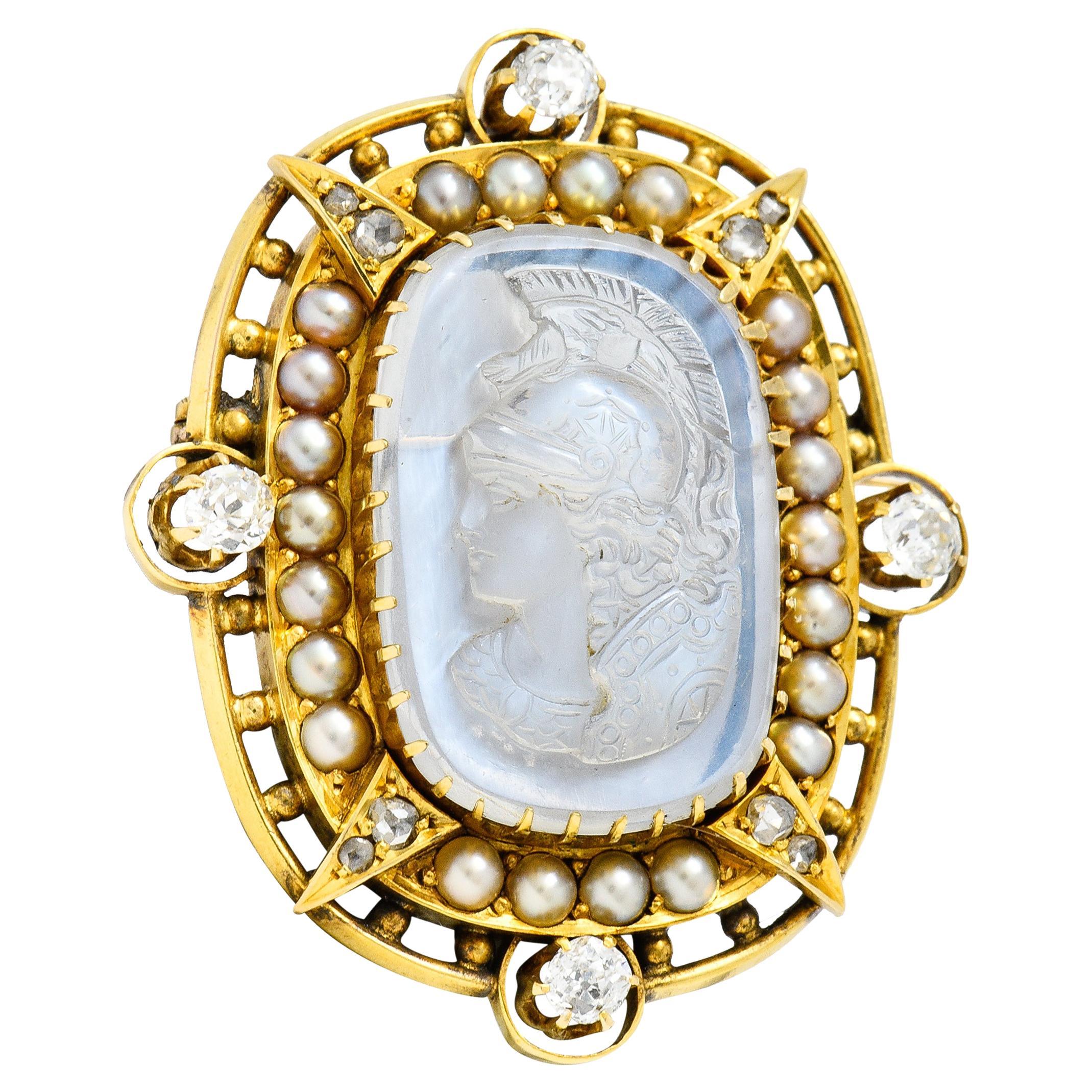 Victorian Diamond Carved Moonstone 18 Karat Gold Athena Cameo Antique ...