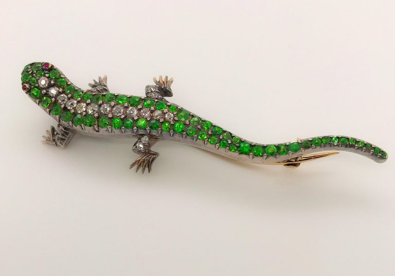 Diamond Demantoid Garnet and Ruby Salamander Brooch Pin For Sale at 1stDibs