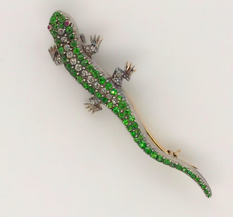 Diamond Demantoid Garnet and Ruby Salamander Brooch Pin For Sale at 1stDibs