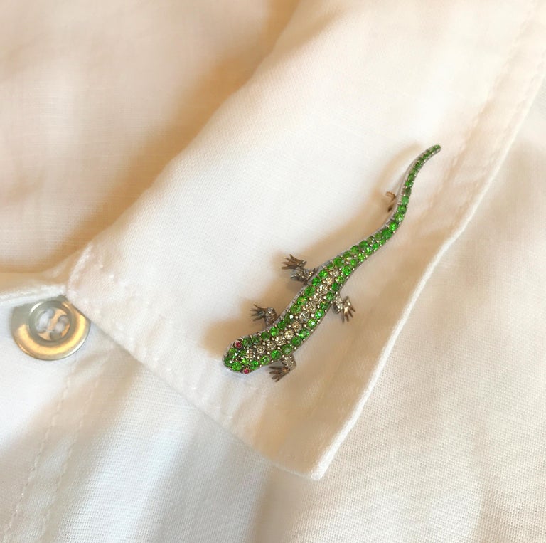 Diamond Demantoid Garnet and Ruby Salamander Brooch Pin For Sale at 1stDibs