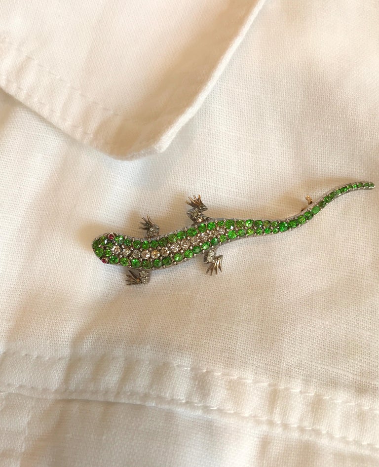 Diamond Demantoid Garnet and Ruby Salamander Brooch Pin For Sale at 1stDibs