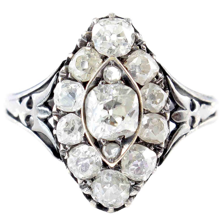 Victorian Diamond Gold Silver Navette Ring at 1stDibs