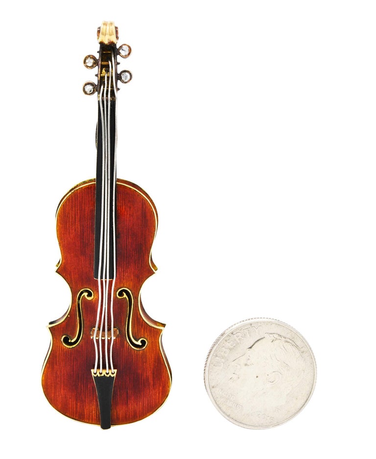 Victorian Diamond Guilloche Enamel 18 Karat Yellow Gold Violin Antique ...