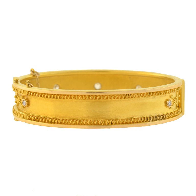 Victorian Diamond Hinged Gold Bangle Bracelet with Star Motif at 1stDibs