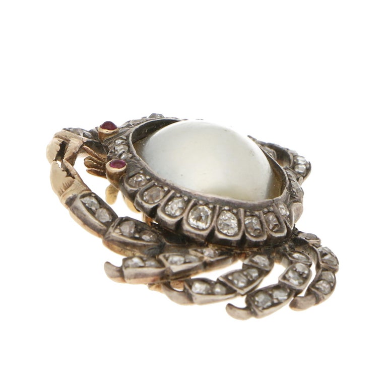 Antique Diamond, Mabé Pearl and Ruby Crab Brooch in Silver on Gold at ...