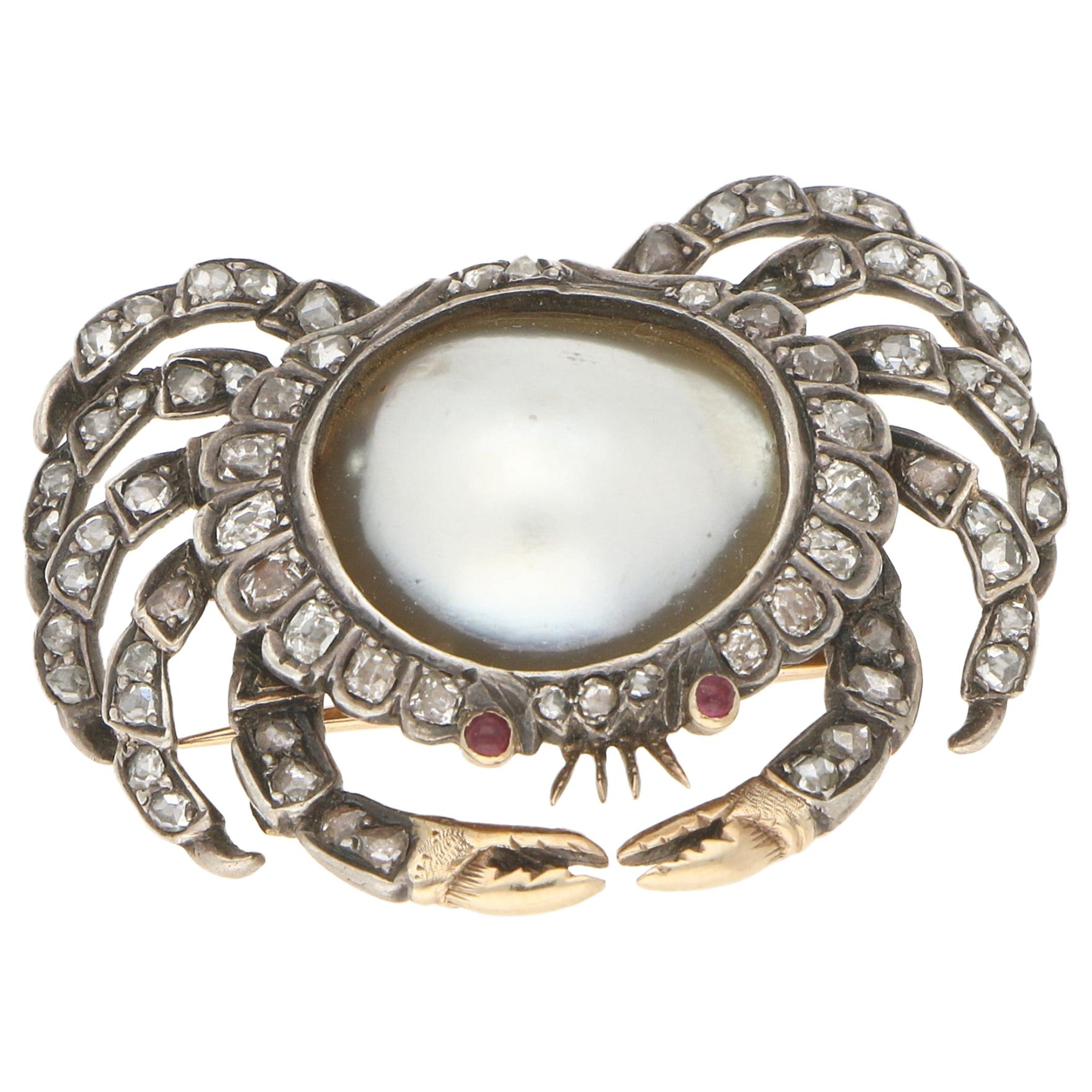 Antique Diamond, Mabé Pearl and Ruby Crab Brooch in Silver on Gold at ...