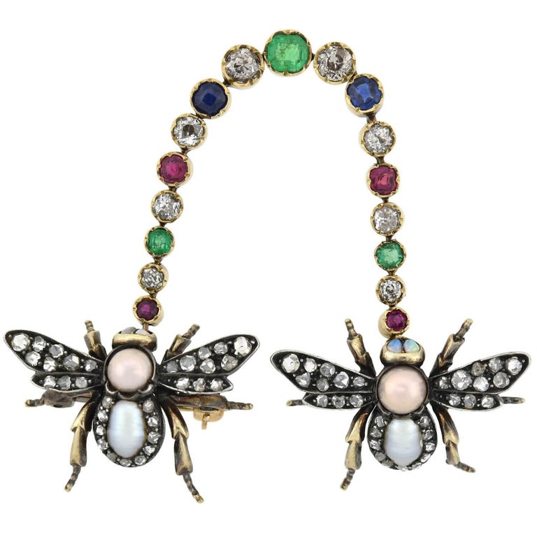 Victorian Diamond, Natural Pearl, and Gemstone Insect Scatter Pin at ...