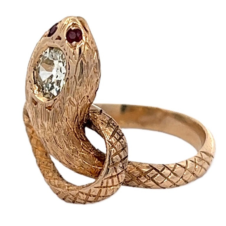 Victorian Diamond Ruby 14k Yellow Gold Snake Ring For Sale at 1stDibs