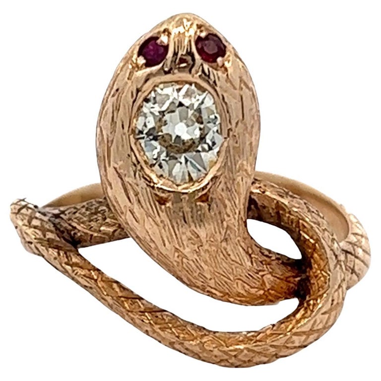 Victorian Diamond Ruby 14k Yellow Gold Snake Ring For Sale at 1stDibs