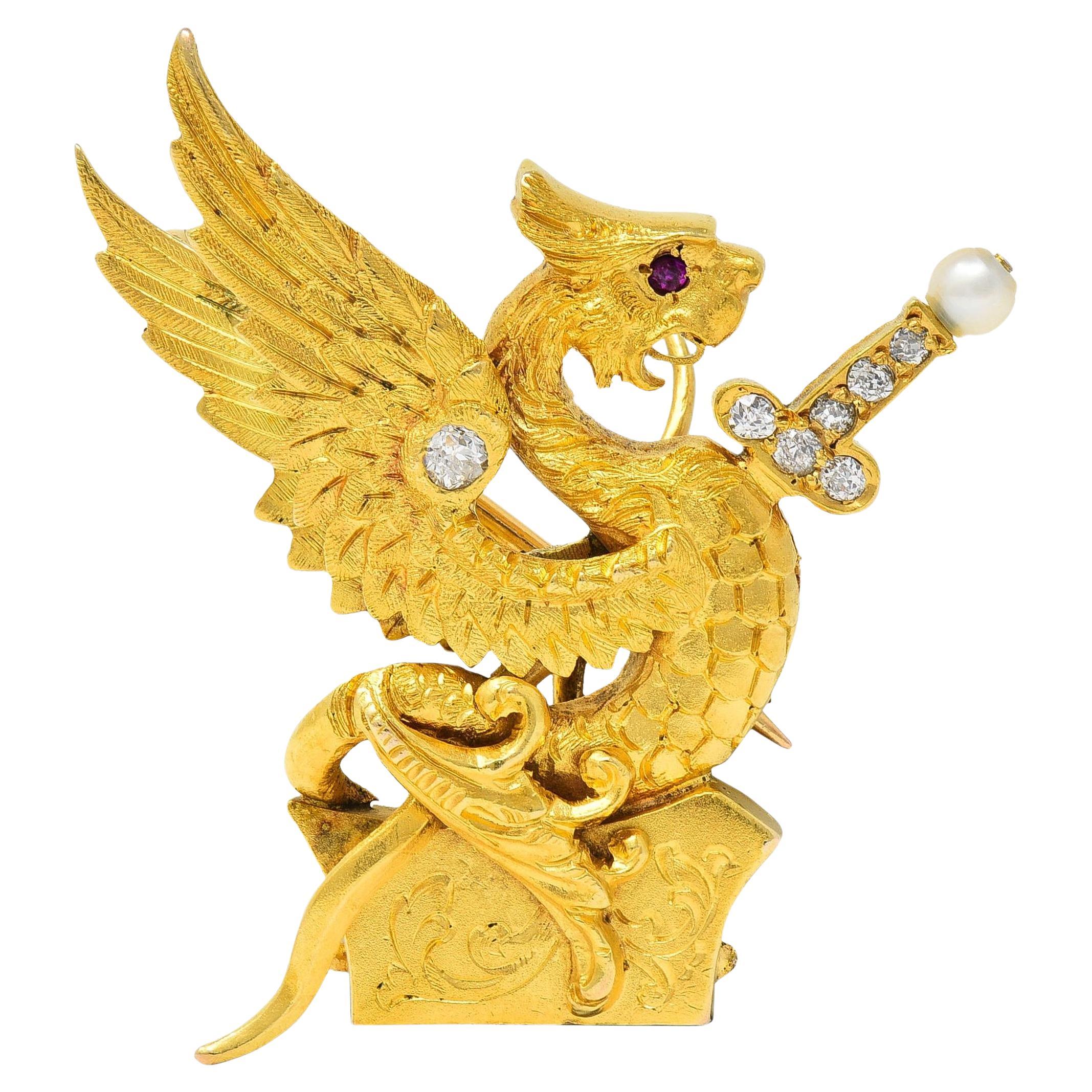 Victorian Diamond Ruby Pearl 18 Karat Gold Dragon Sword Antique Brooch ...