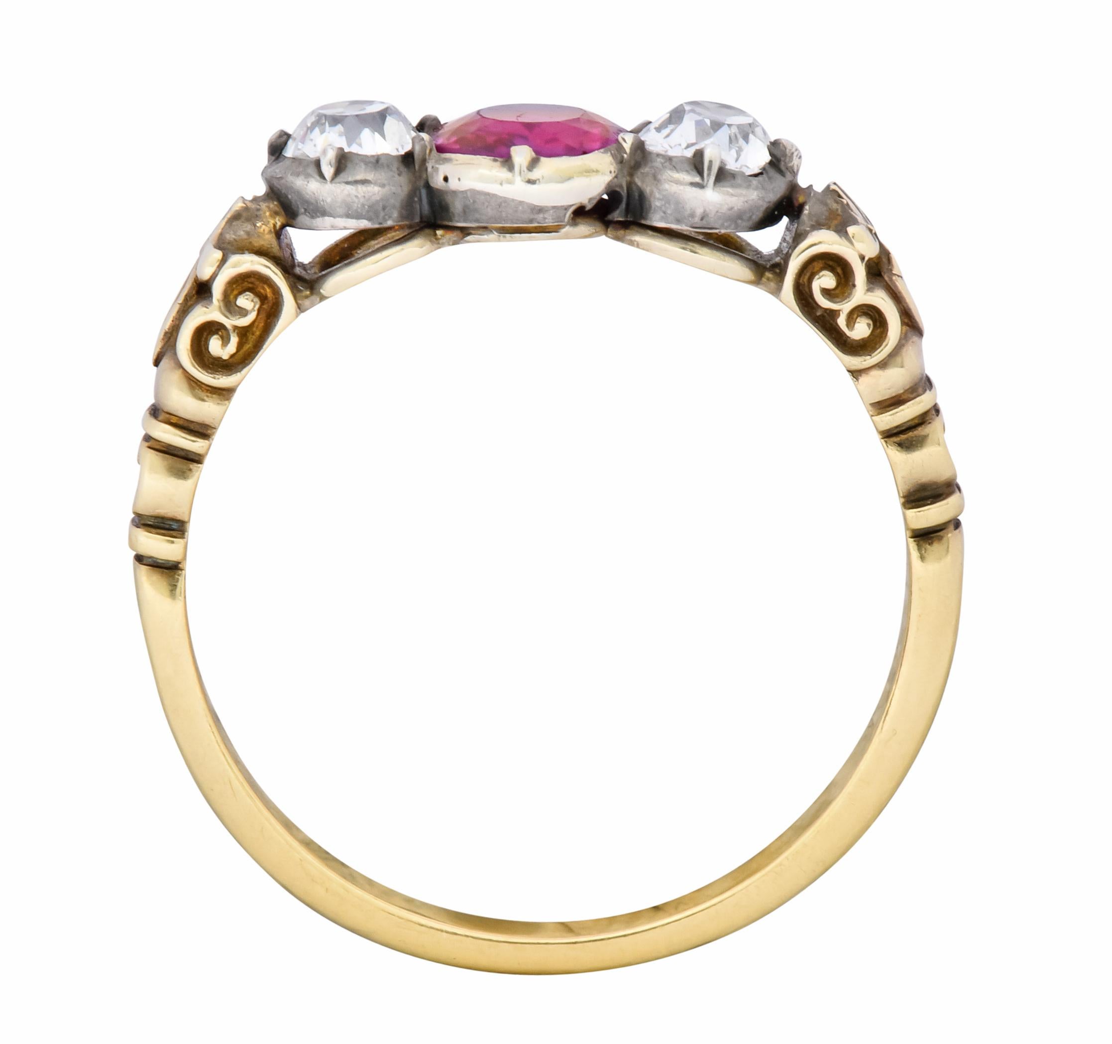 Victorian Diamond Ruby Silver-Topped 14 Karat Gold Three-Stone Ring For ...