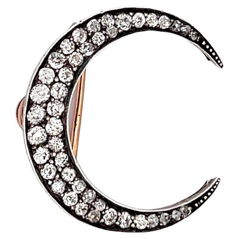 Victorian Diamond Silver 14 Karat Rose Gold Crescent Moon Brooch For ...