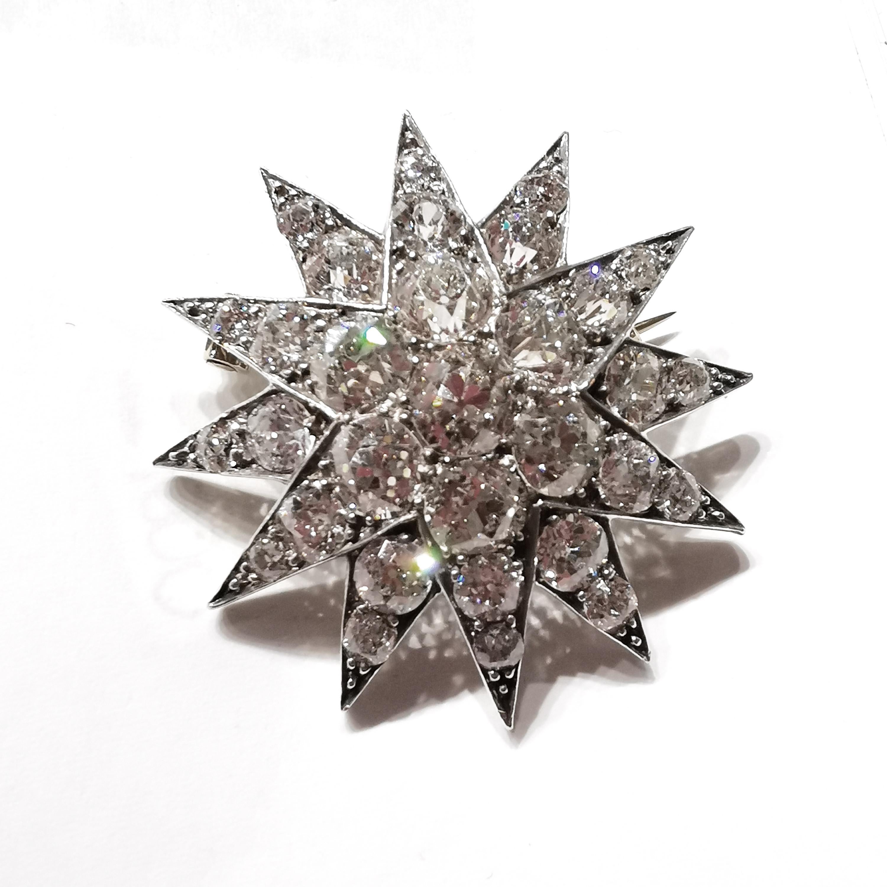Victorian Diamond, Silver and Gold Twelve Ray Star Brooch, 7.00 Carats ...