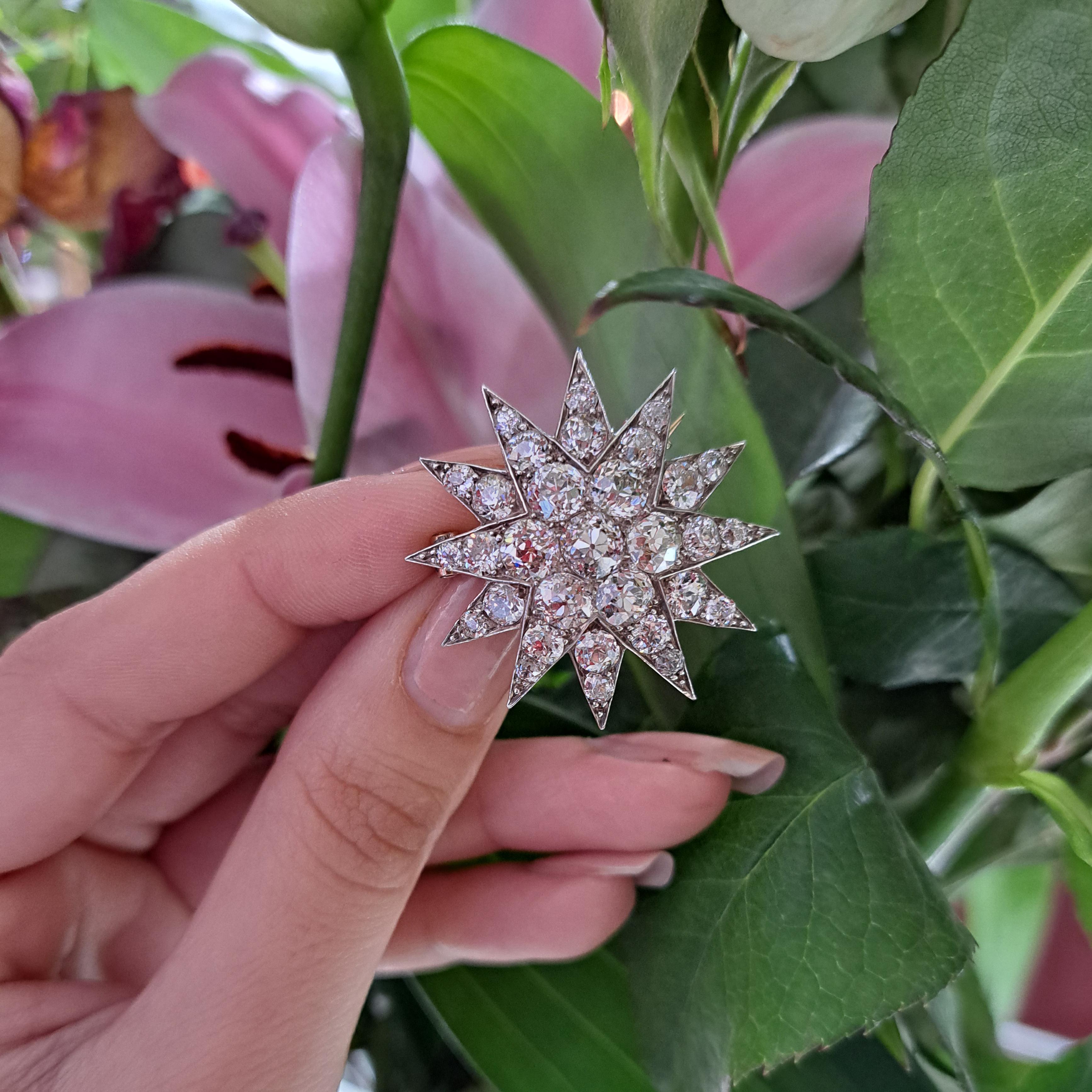 Victorian Diamond, Silver and Gold Twelve Ray Star Brooch, 7.00 Carats ...