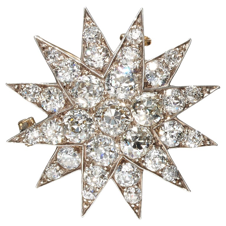 Victorian Diamond, Silver and Gold Twelve Ray Star Brooch, 7.00 Carats ...