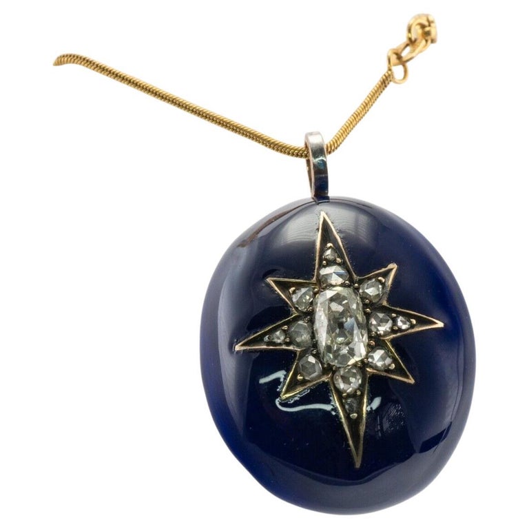 Victorian Diamond Star Blue Enamel Pendant 14K Gold Antique, C. 1890 ...
