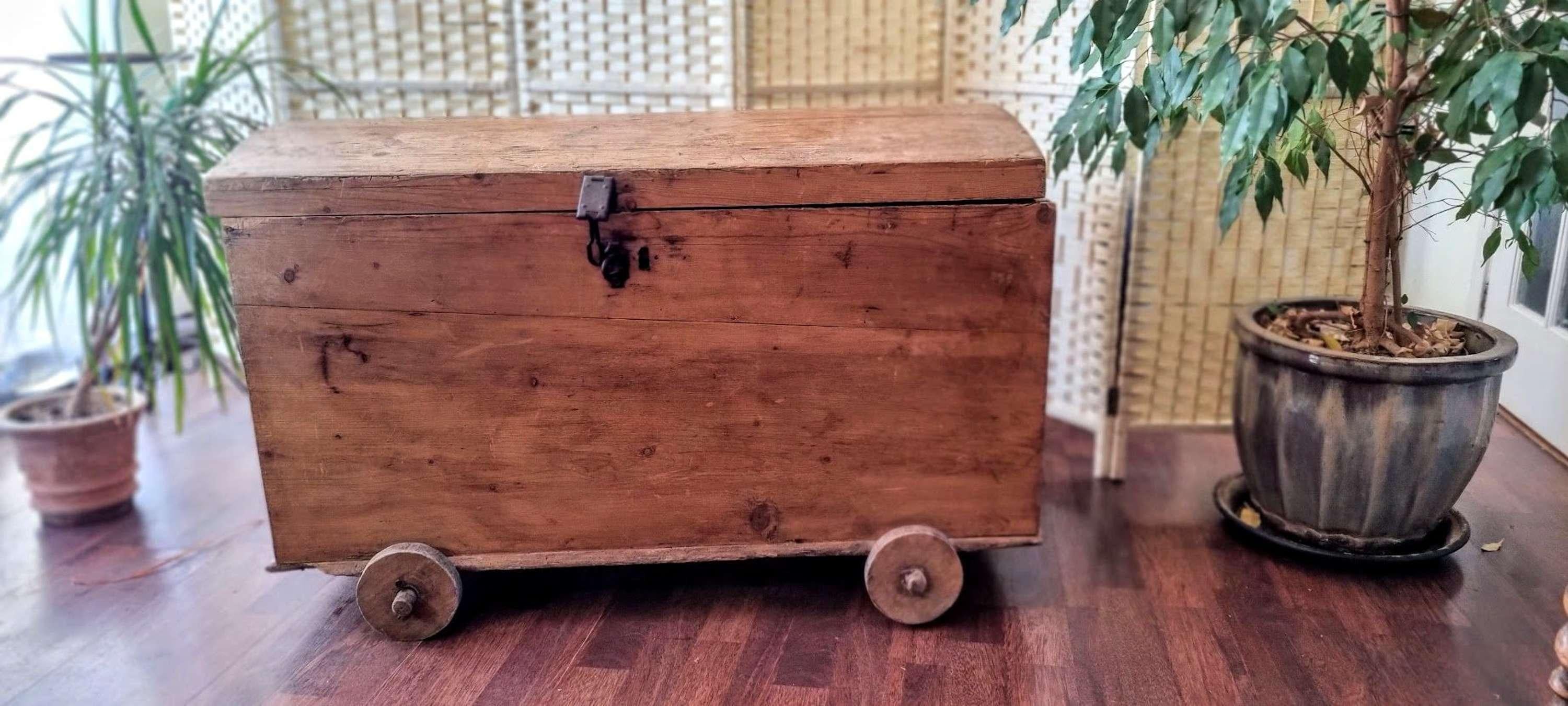 Victorian Dome Topped Pine Trunk with Wheels For Sale at 1stDibs