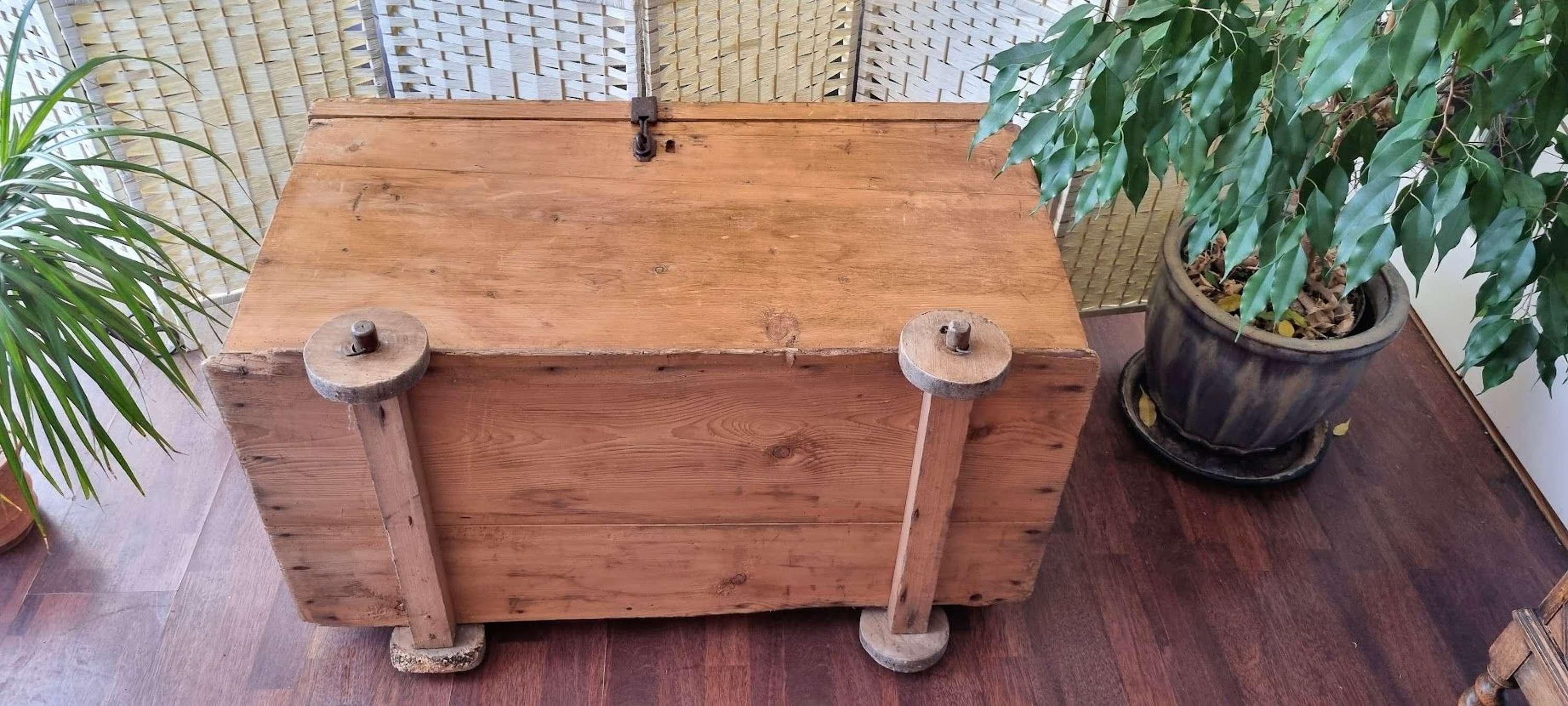 Victorian Dome Topped Pine Trunk with Wheels For Sale at 1stDibs