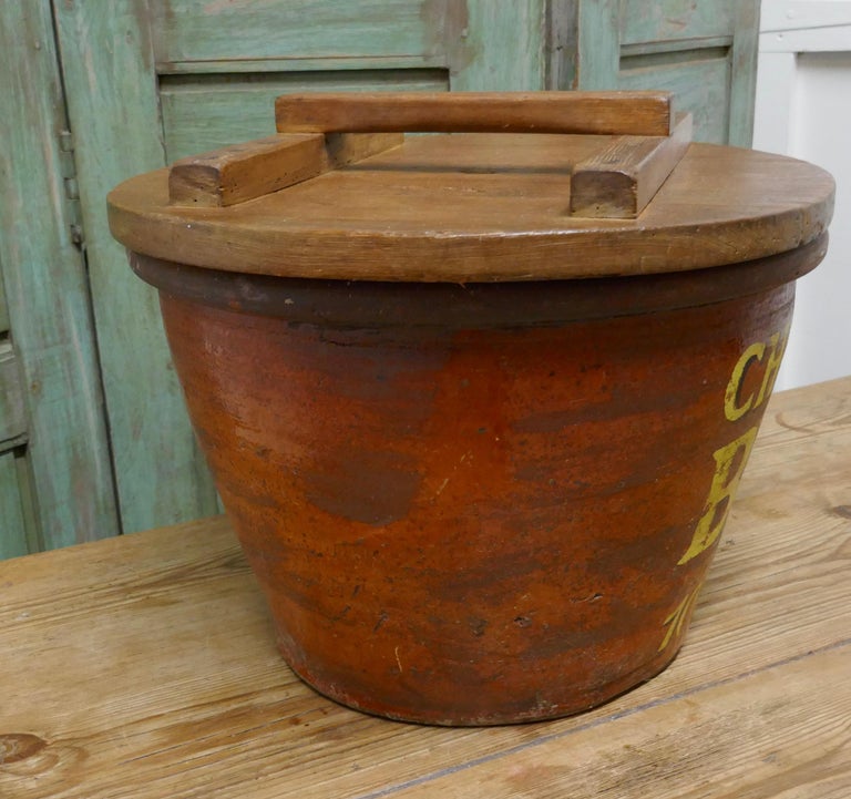 Victorian Earthenware Cream Crock with Pine Lid For Sale at 1stDibs