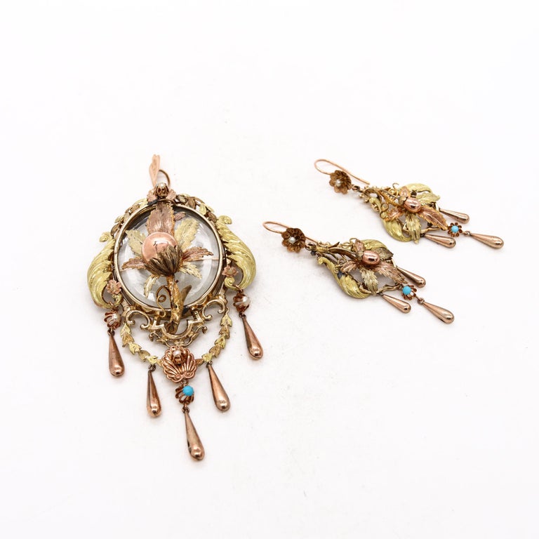 Victorian Edwardian 1900 British Locket Pendant Earrings Set Tricolor ...
