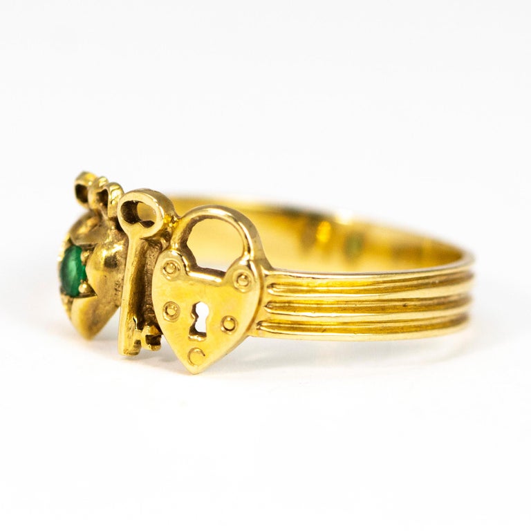 Victorian Emerald and 9 Carat Gold Lock, Key and Heart Ring at 1stDibs