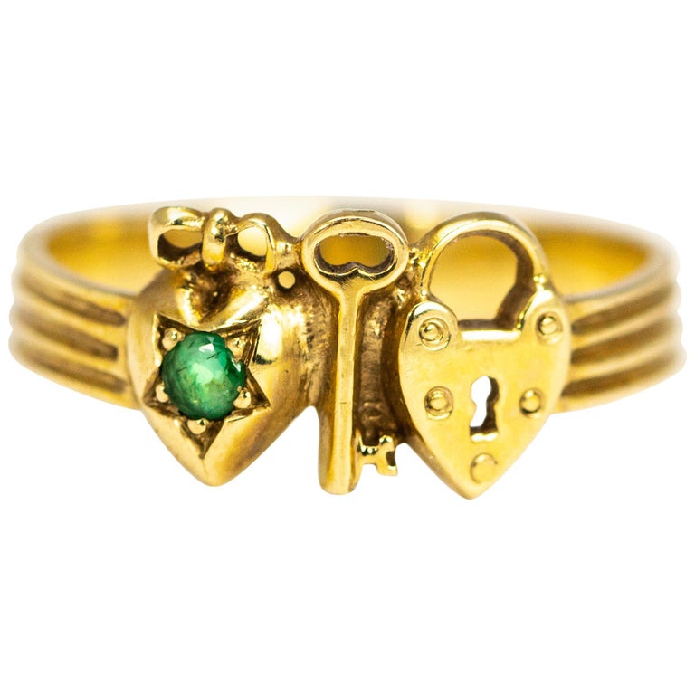 Victorian Emerald and 9 Carat Gold Lock, Key and Heart Ring at 1stDibs