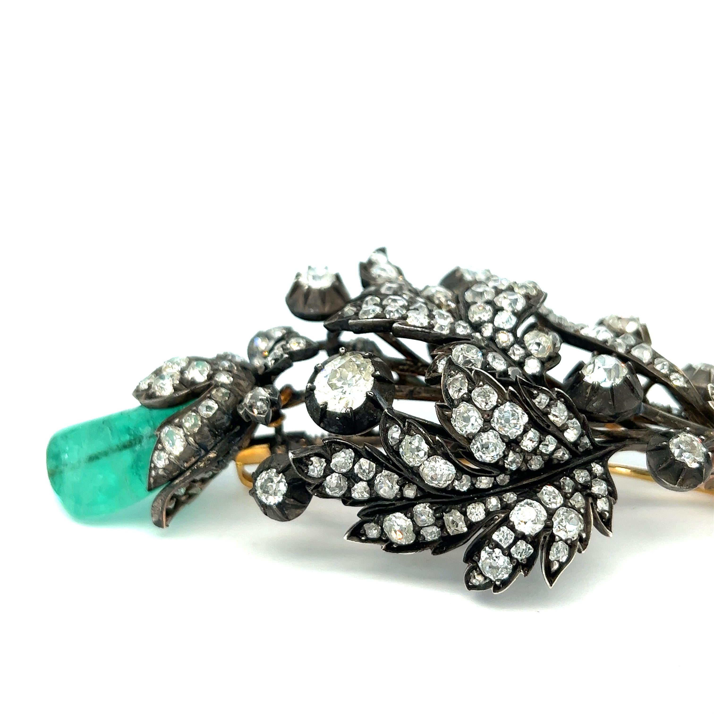 Victorian Emerald Diamond Flower Silver and Gold Brooch For Sale at 1stDibs