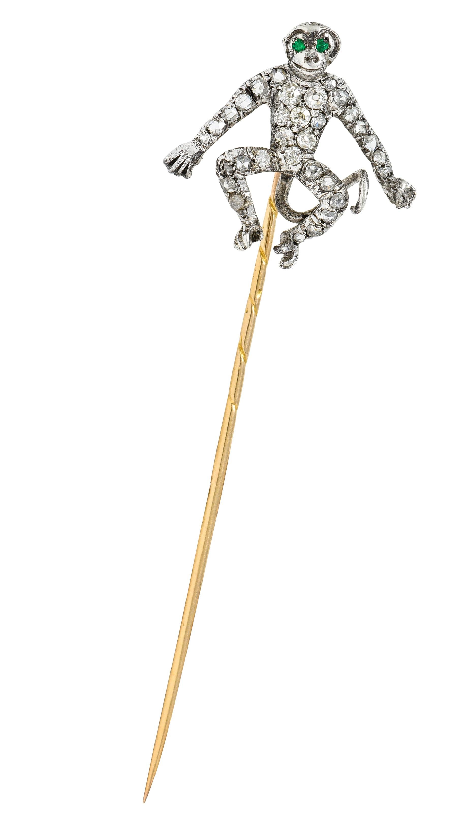 Victorian Emerald Rose Cut Diamond Silver 14 Karat Gold Monkey Stickpin ...