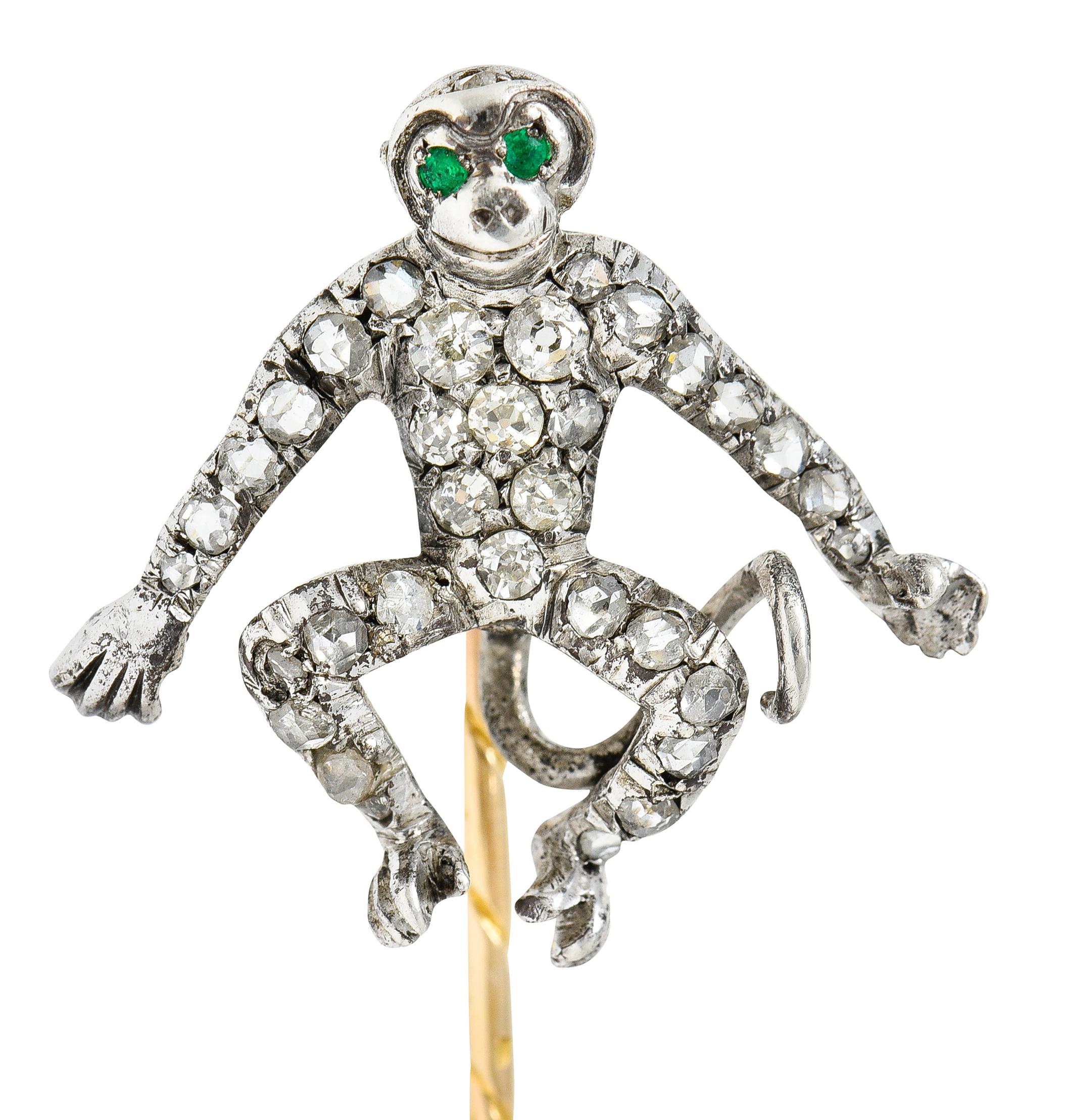 Victorian Emerald Rose Cut Diamond Silver 14 Karat Gold Monkey Stickpin ...