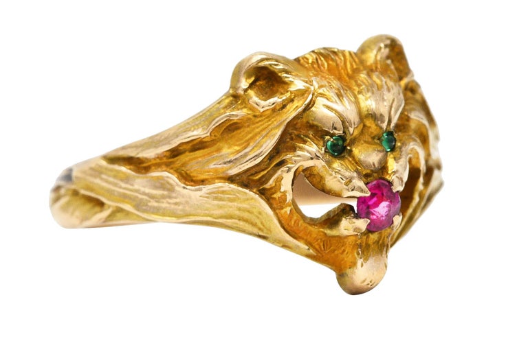 Victorian Emerald Ruby 14 Karat Yellow Gold Lion Grotesque Antique Ring ...