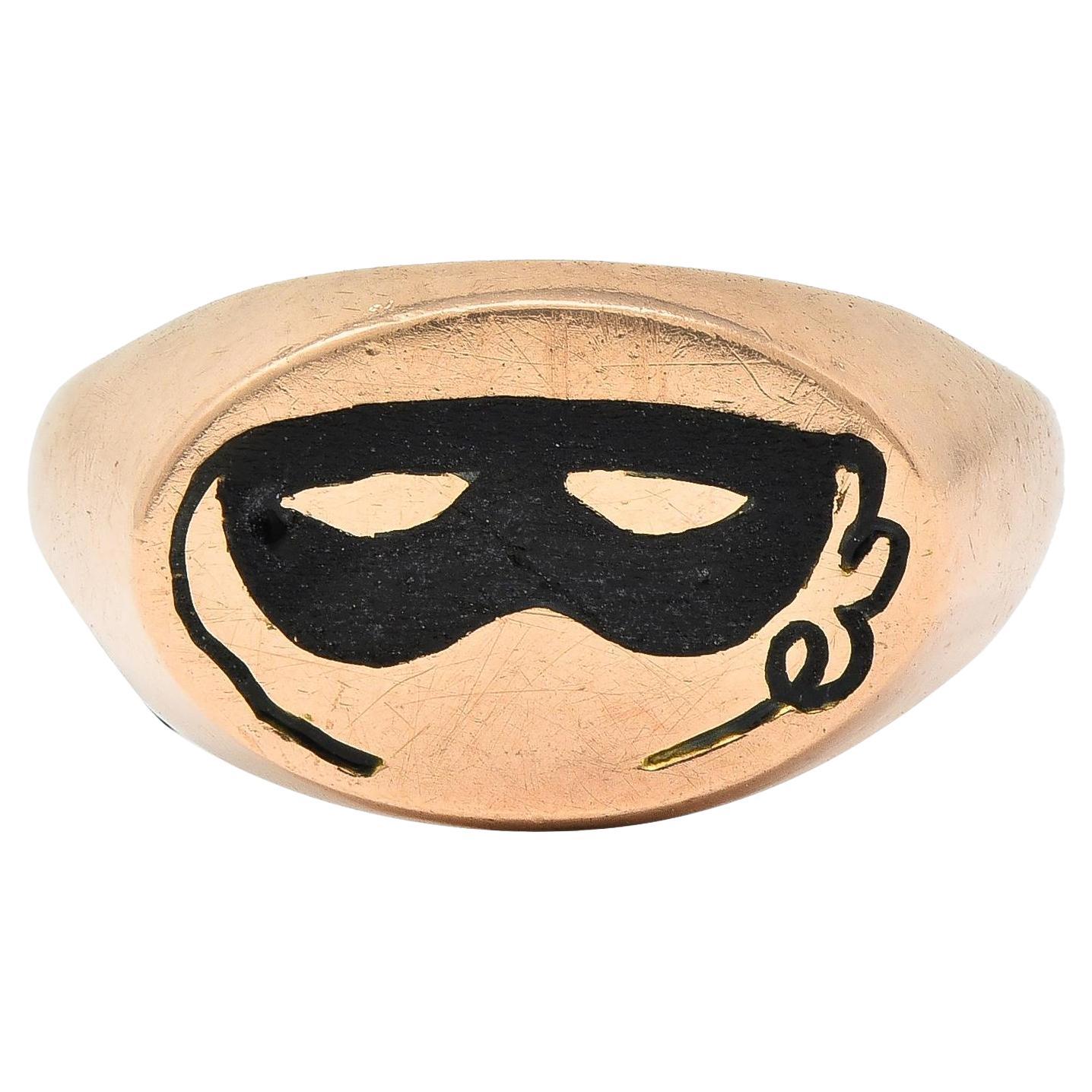 Victorian Enamel 14 Karat Rose Gold Masquerade Antique Signet Ring For ...
