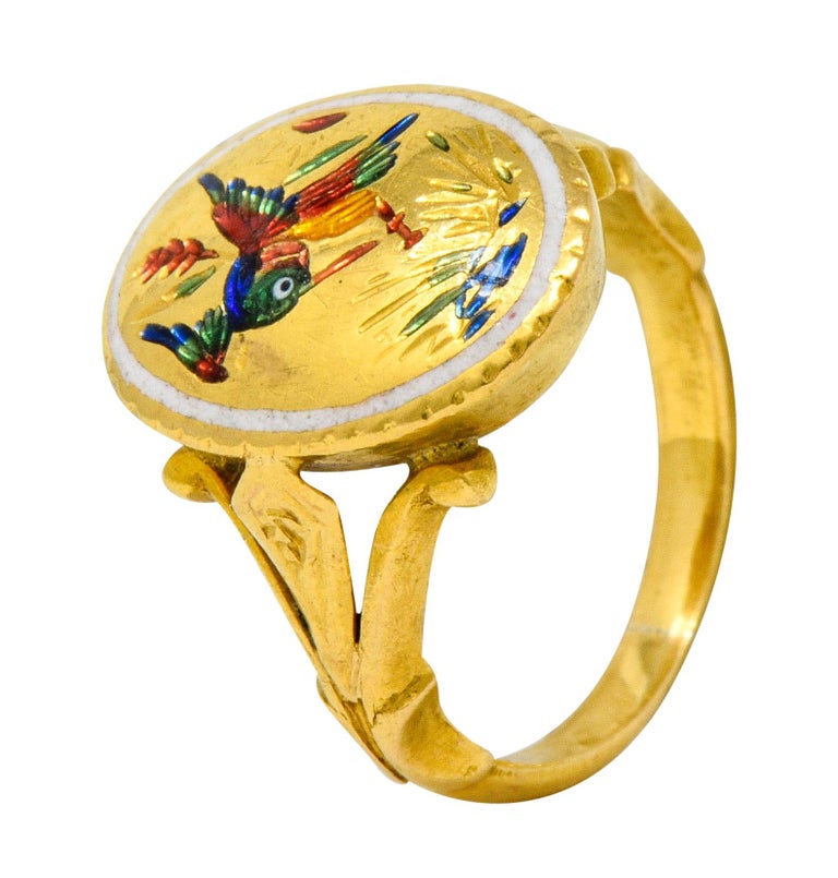 Victorian Enamel 24 Karat Yellow Gold Hummingbird Signet Ring at 1stDibs