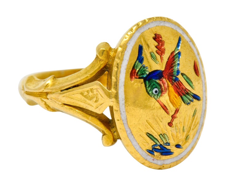 Victorian Enamel 24 Karat Yellow Gold Hummingbird Signet Ring at 1stDibs